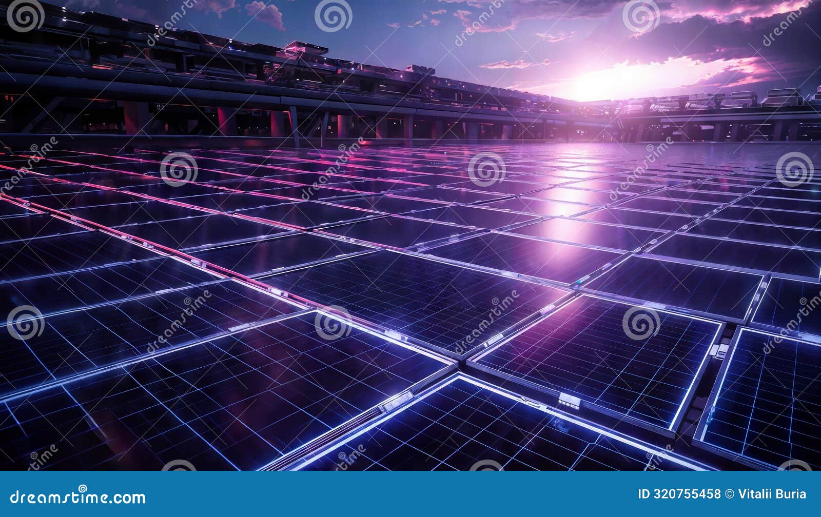 Futuristic Solar Panel Installation with Neon Lights and Modern ...