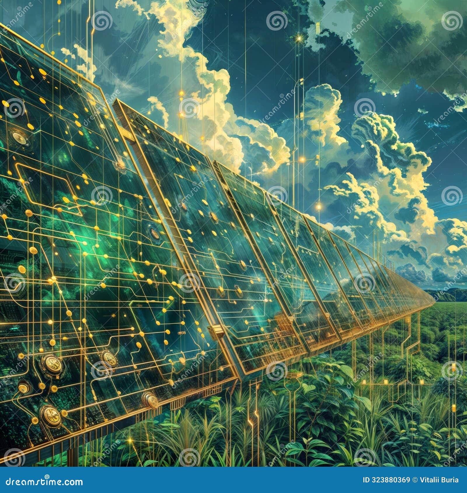 Glowing Solar Circuits: Dramatic Sky and Vibrant Patterns in Futuristic ...