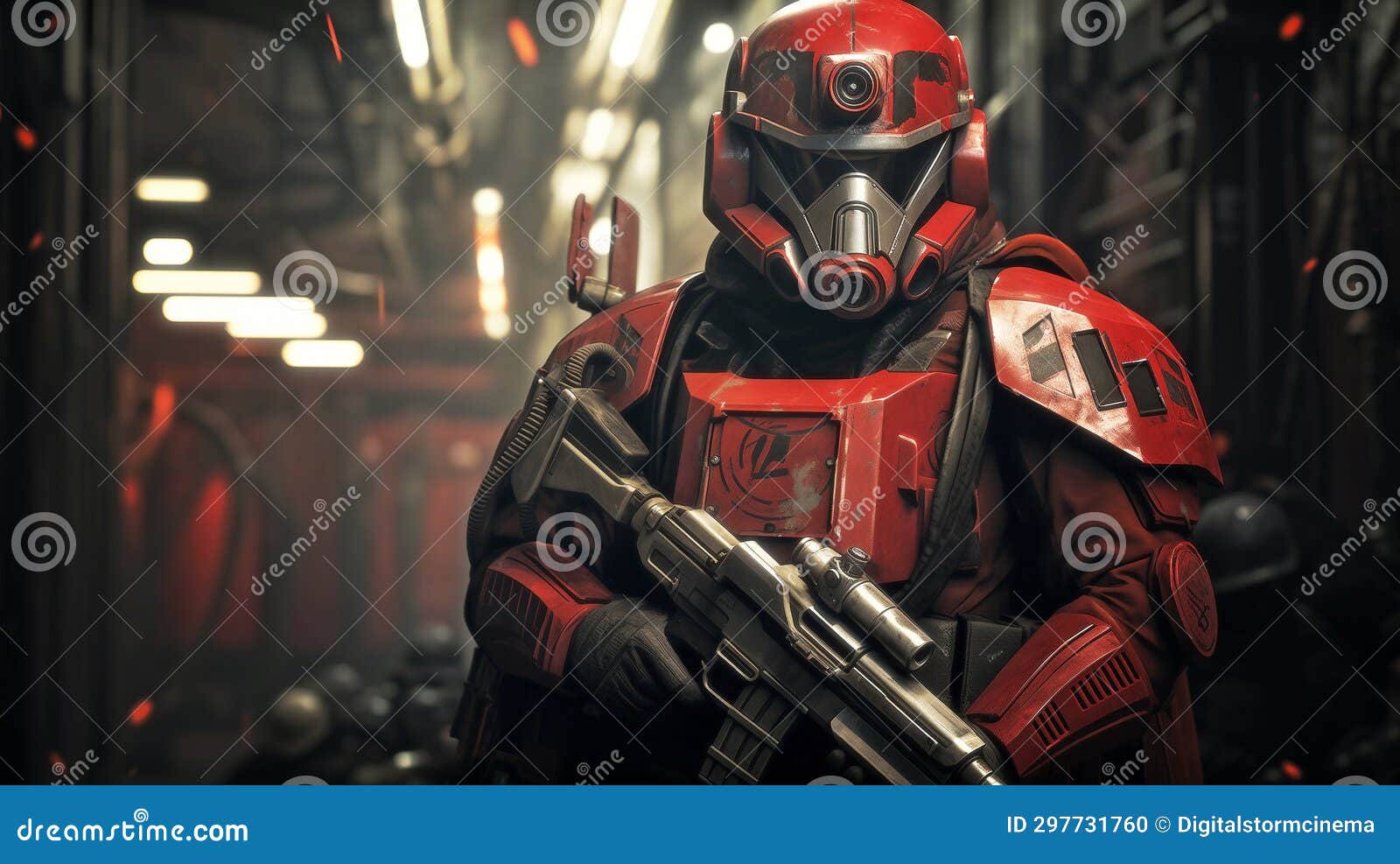 Futuristic Soldier Standing Guard with Weapon in Hand Stock ...