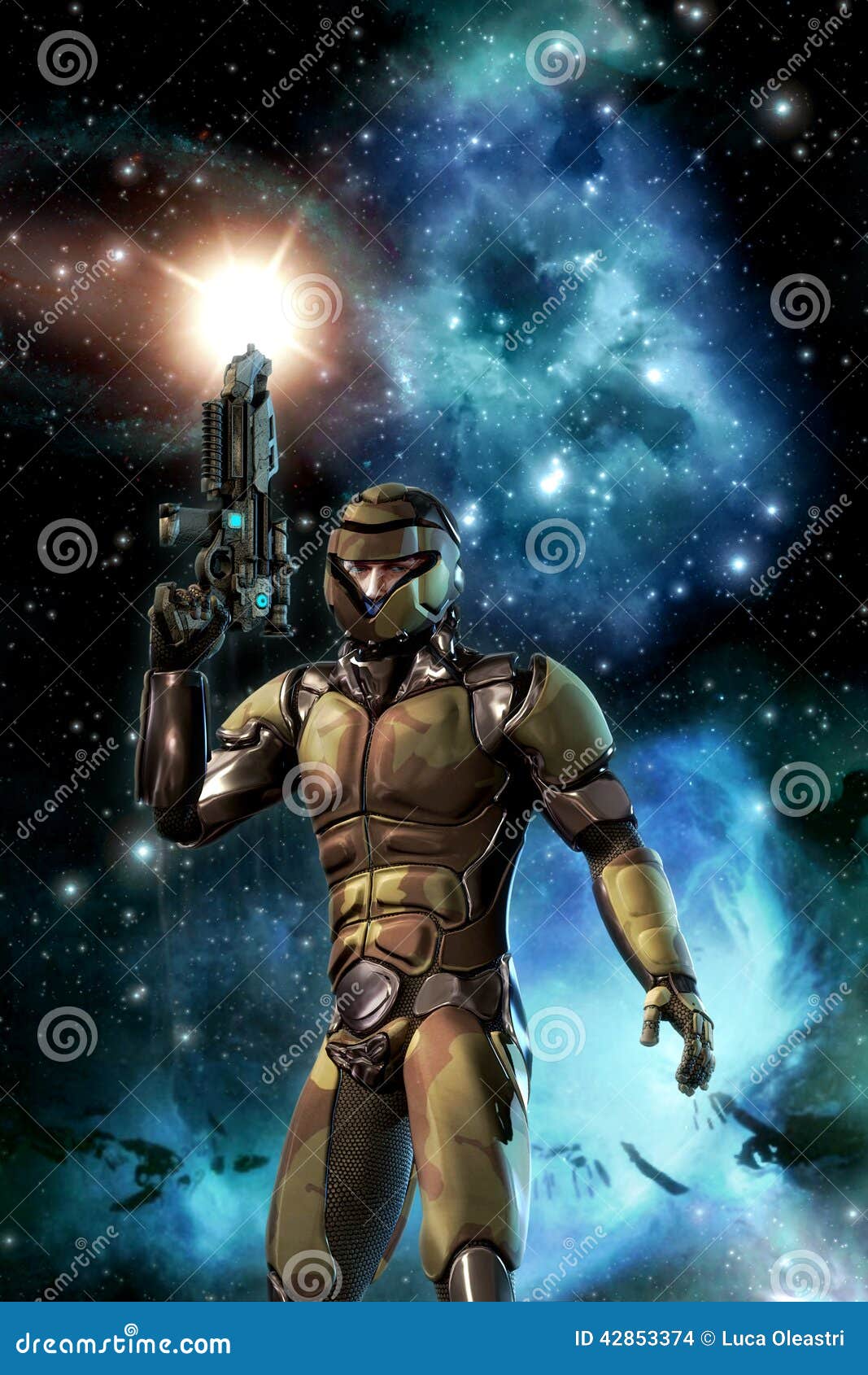 Futuristic Soldier In Black Uniform With Gun, 3d Illustration Royalty ...