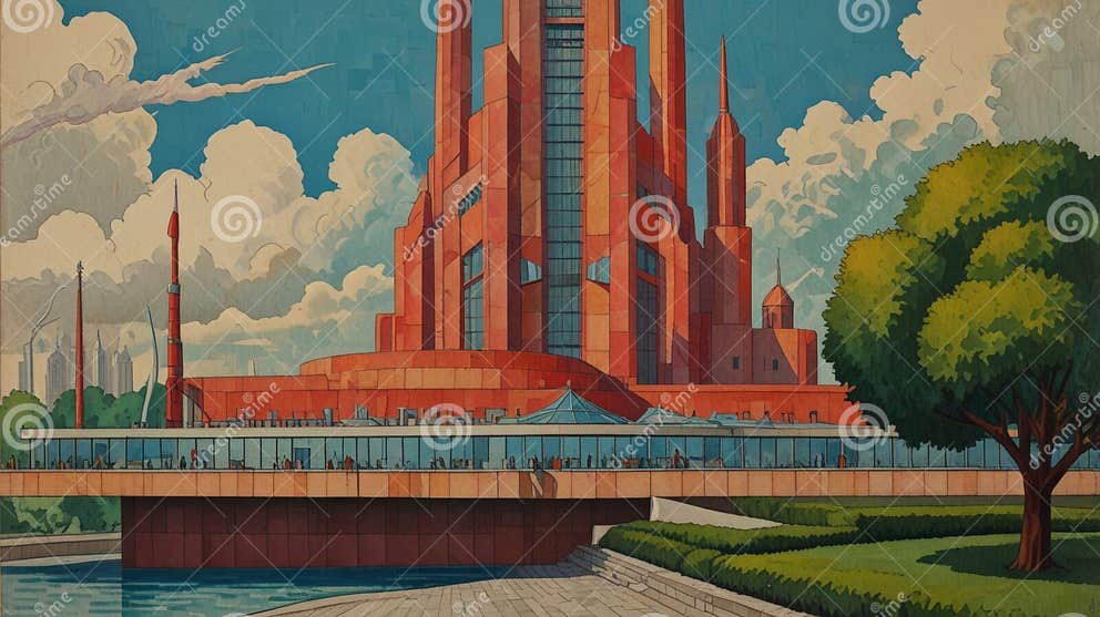Futuristic Soviet-Inspired Monument with Towering Spires and Space ...