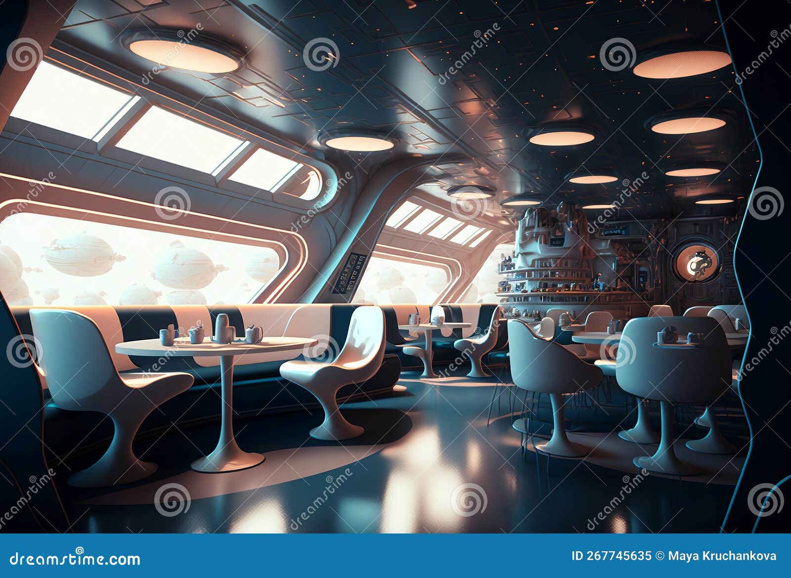 Futuristic Space Cafe Design with Rounded Lines Stock Illustration ...