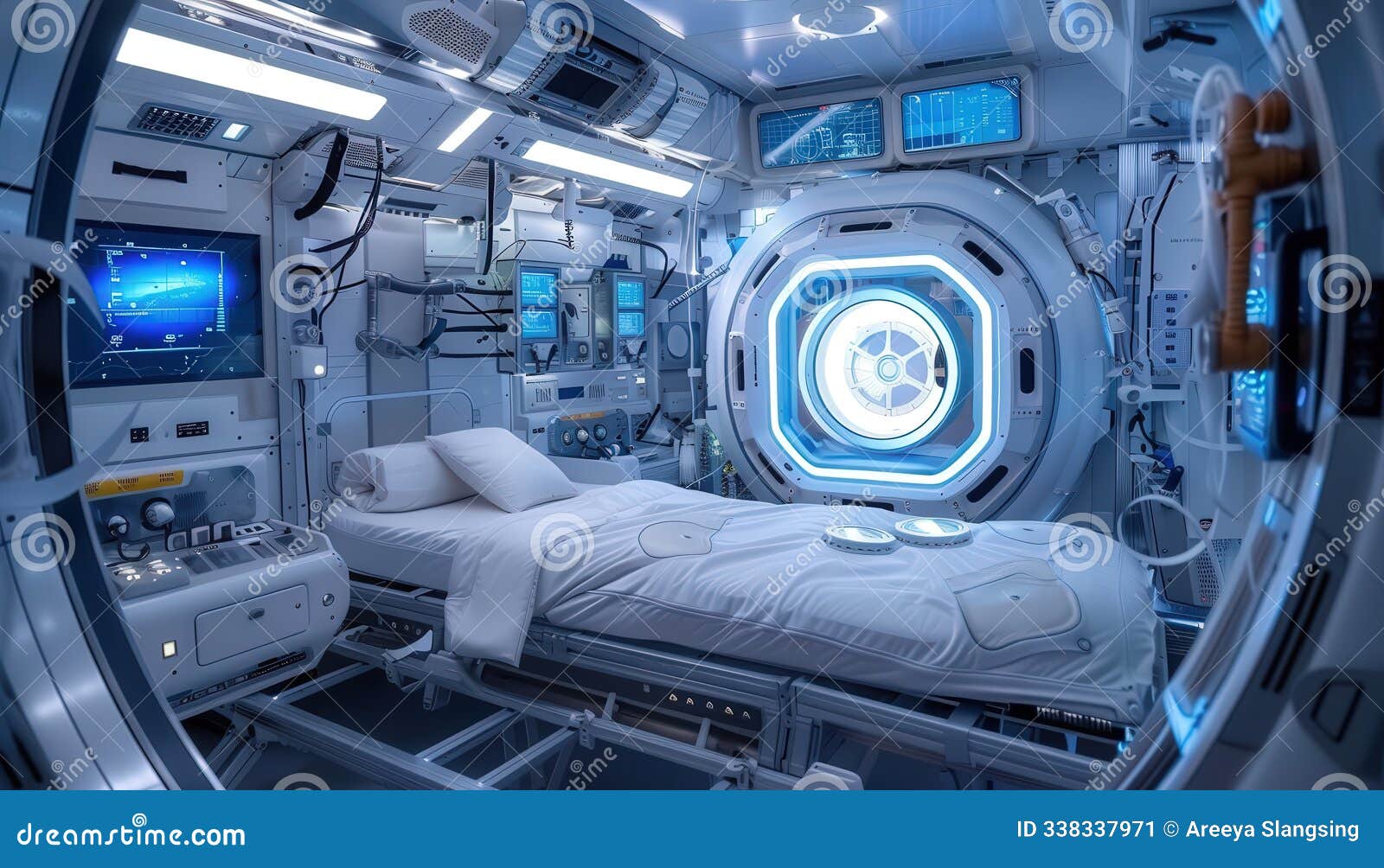 Futuristic Space Capsule Interior Featuring Bed, Control Panels, and Sleek Design, Perfect for ...