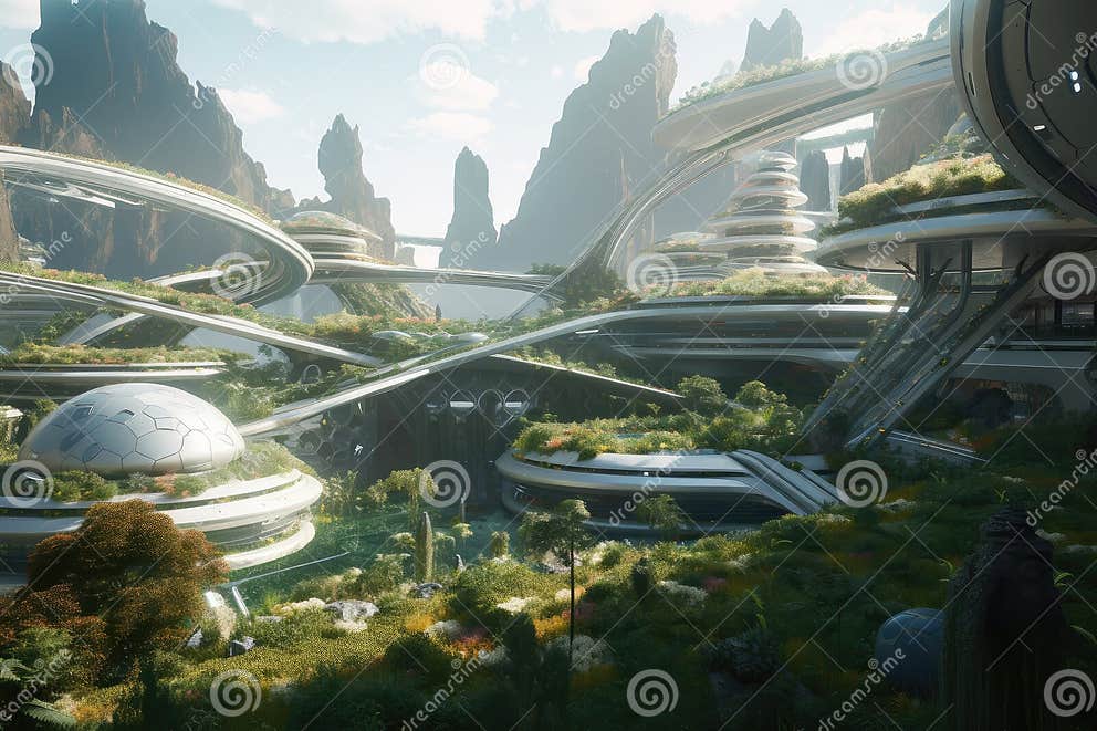 A Futuristic Space Colony, with Floating Structures and Greenery ...