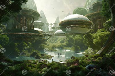 A Futuristic Space Colony, with Floating Structures and Greenery ...