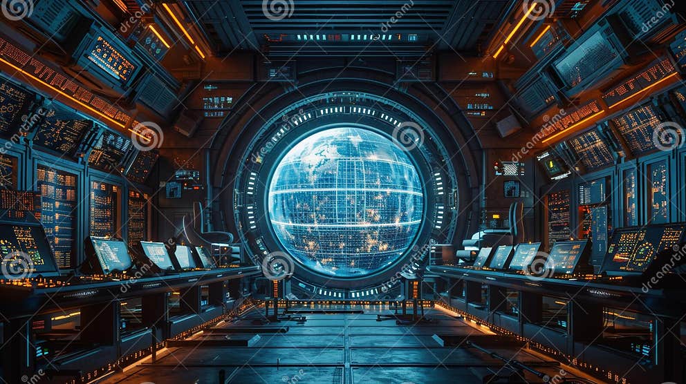 Futuristic Space Control Room with Large Digital Globe - Generative Ai ...