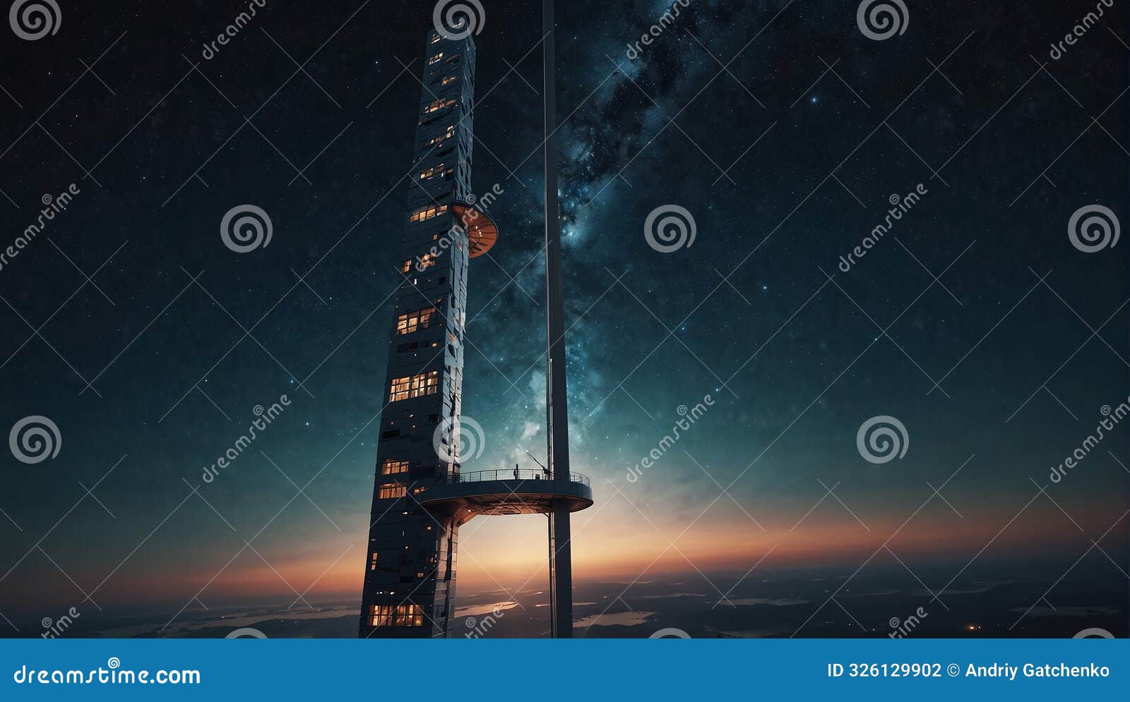 Futuristic Space Elevator Tower Reaching into the Night Sky with Starry ...