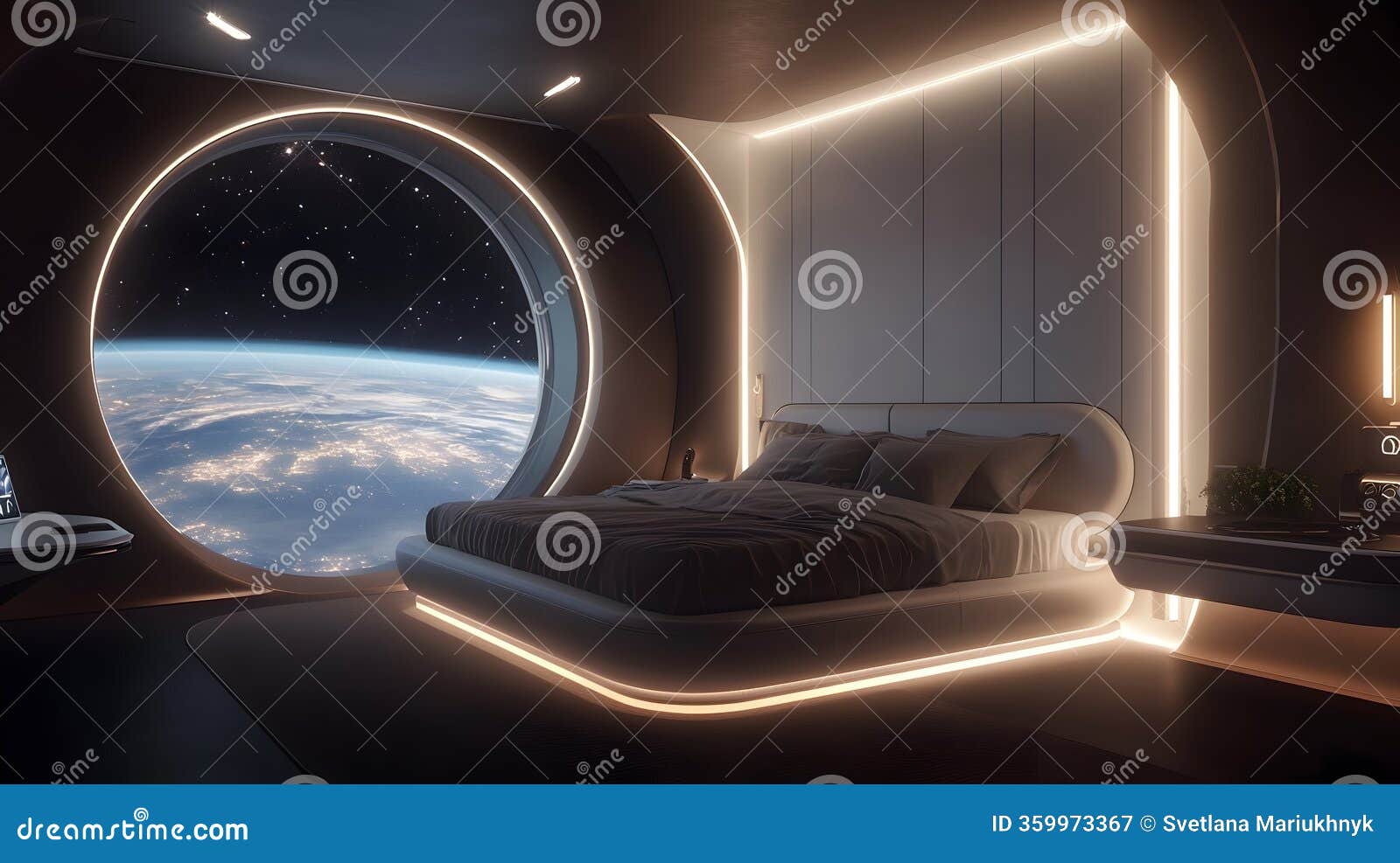 Futuristic Space Hotel Room with Earth View through Circular Window at ...