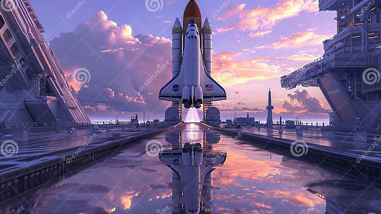 Futuristic Space Shuttle on Launch Pad at Sunset with Reflections Stock ...