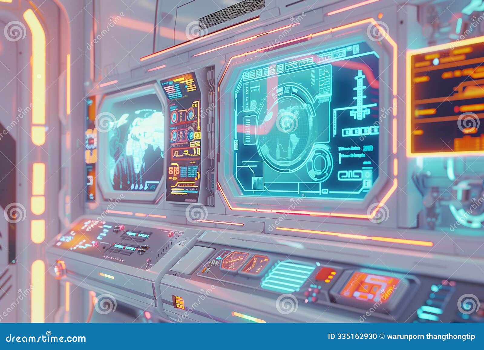 Futuristic Space Station Control Room Interface Glowing Blue on ...