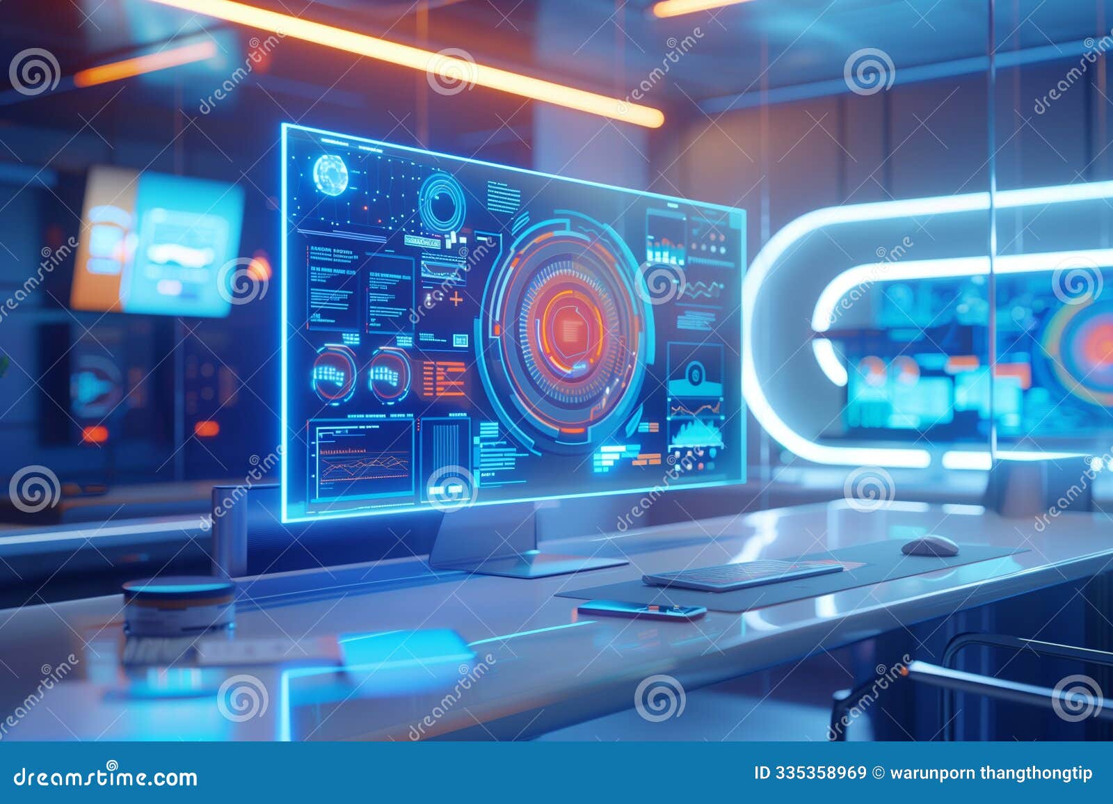 Futuristic Space Station Control Room Interface Glowing Blue on ...