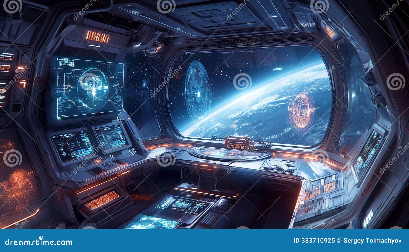 Futuristic Space Station Control Room with Large Window Revealing Earth ...