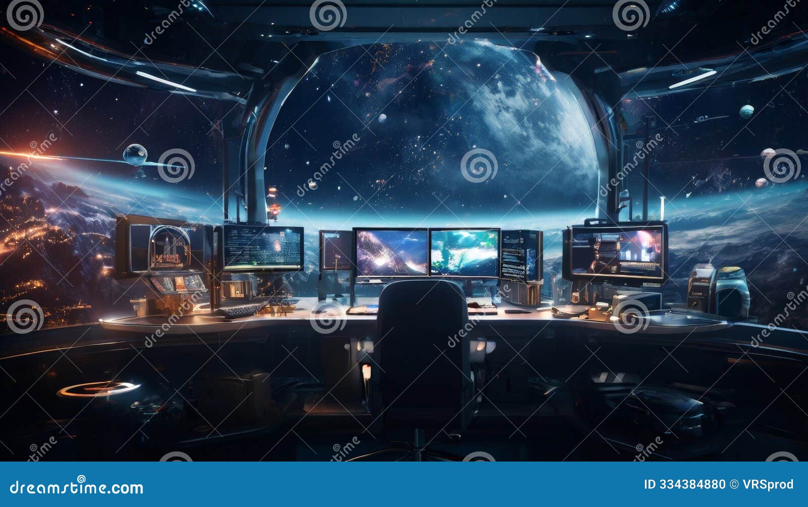Futuristic Space Station Control Room with Multiple Monitors Stock ...