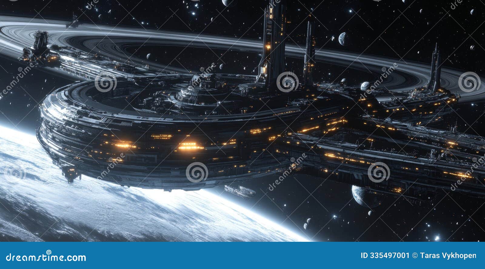 Futuristic Space Station with Glowing Lights Orbiting Saturn in a ...