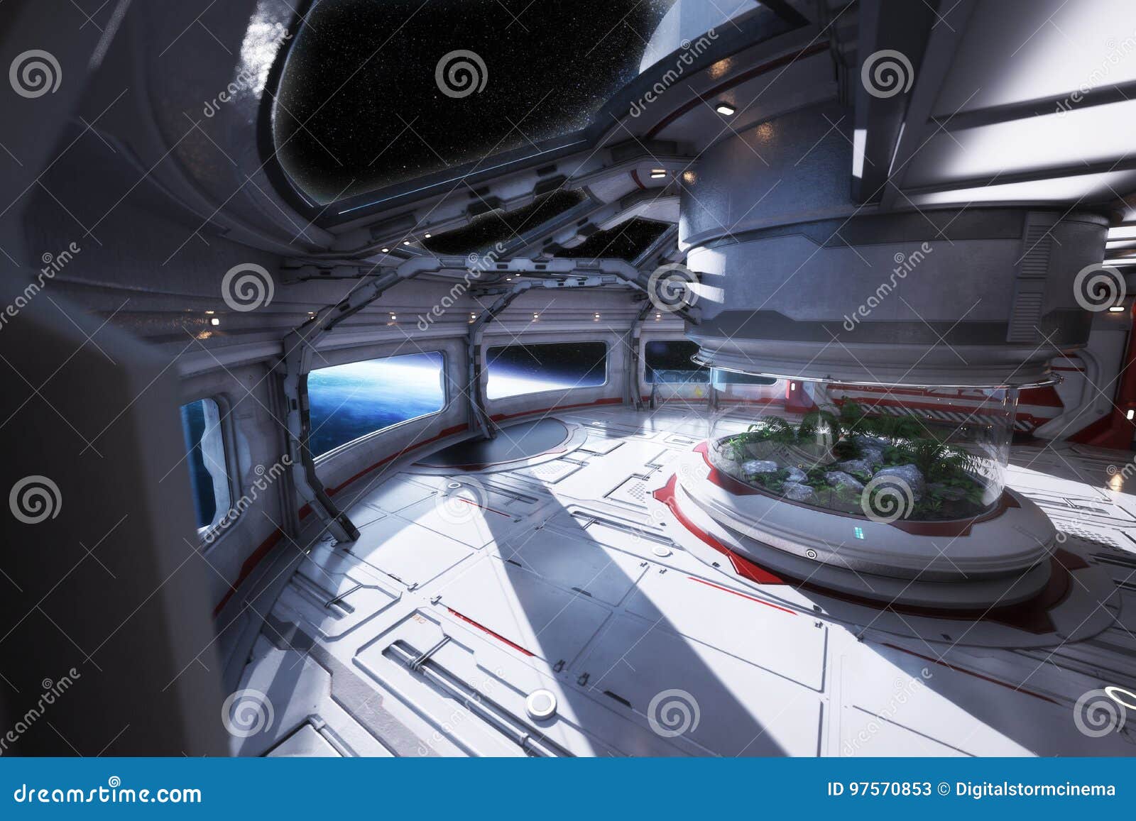 Futuristic Space Station Interior Overlooking A Planet With A Center ...