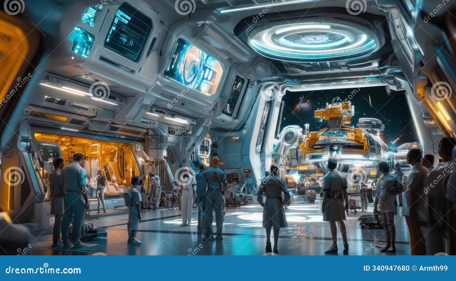 Futuristic Space Station Interior with People Watching a Spaceship ...