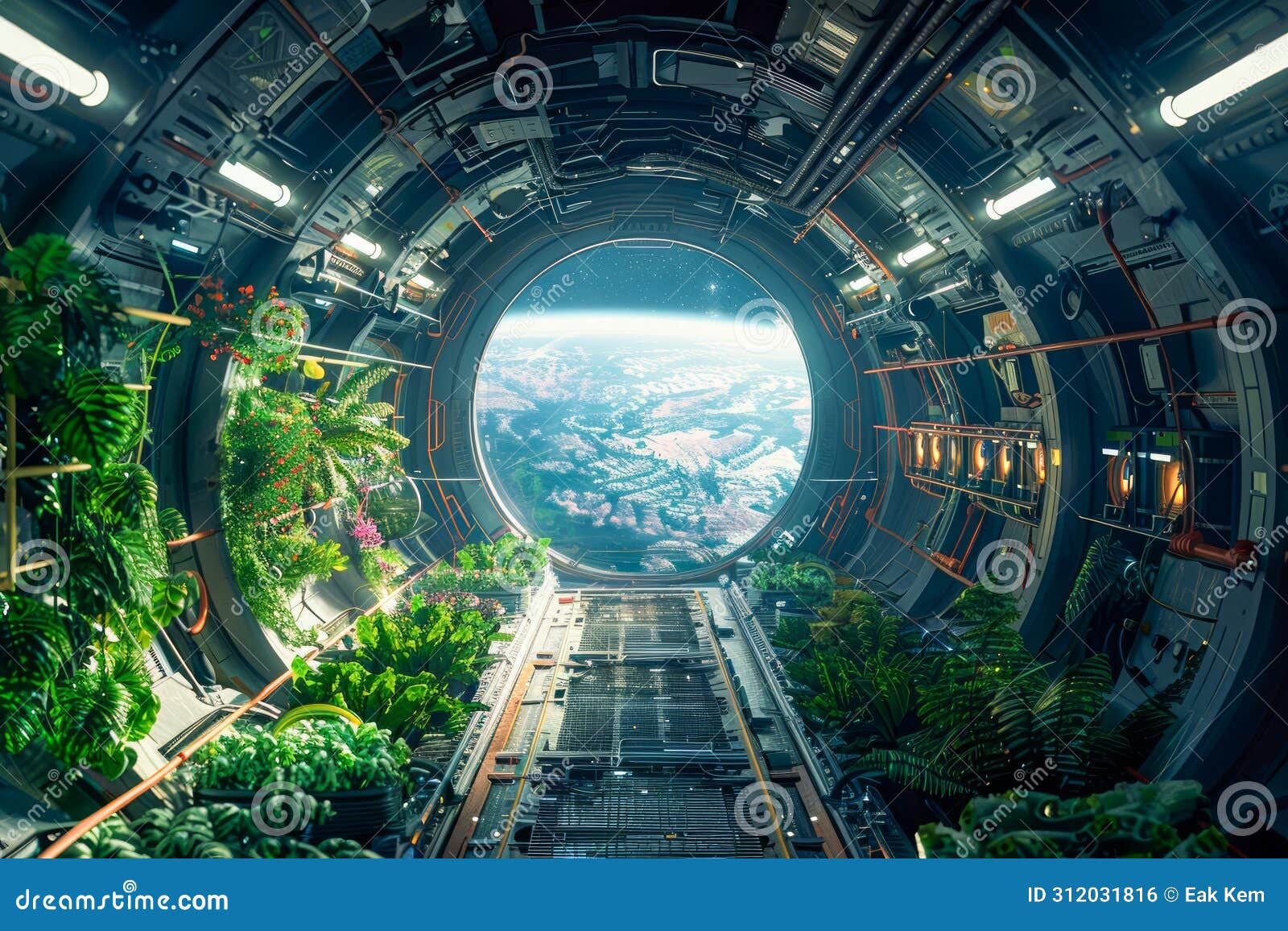 Futuristic Space Station Interior with View of Earth, Lush Greenery and ...