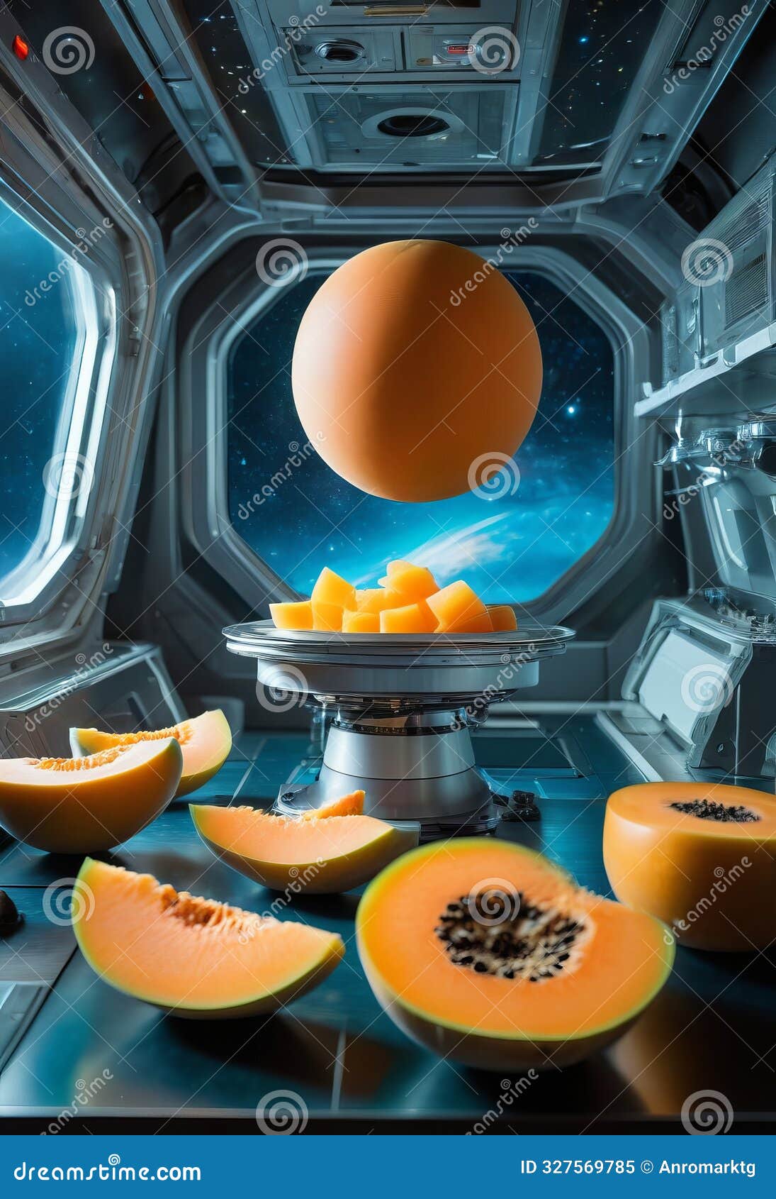 Futuristic Space Station Kitchen Backdrop with a Cantaloupe Displayed ...