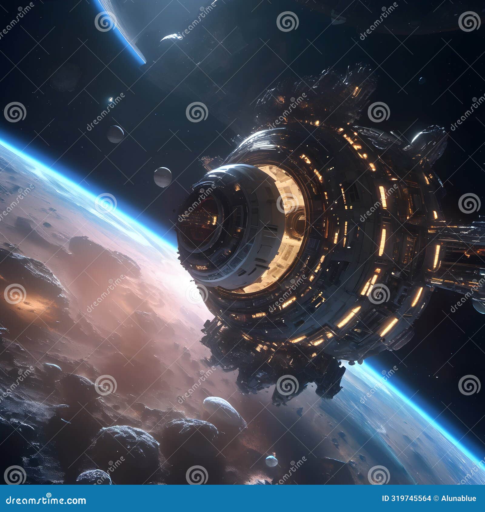Futuristic Space Station Orbiting a Distant Planet in Deep Space Stock ...