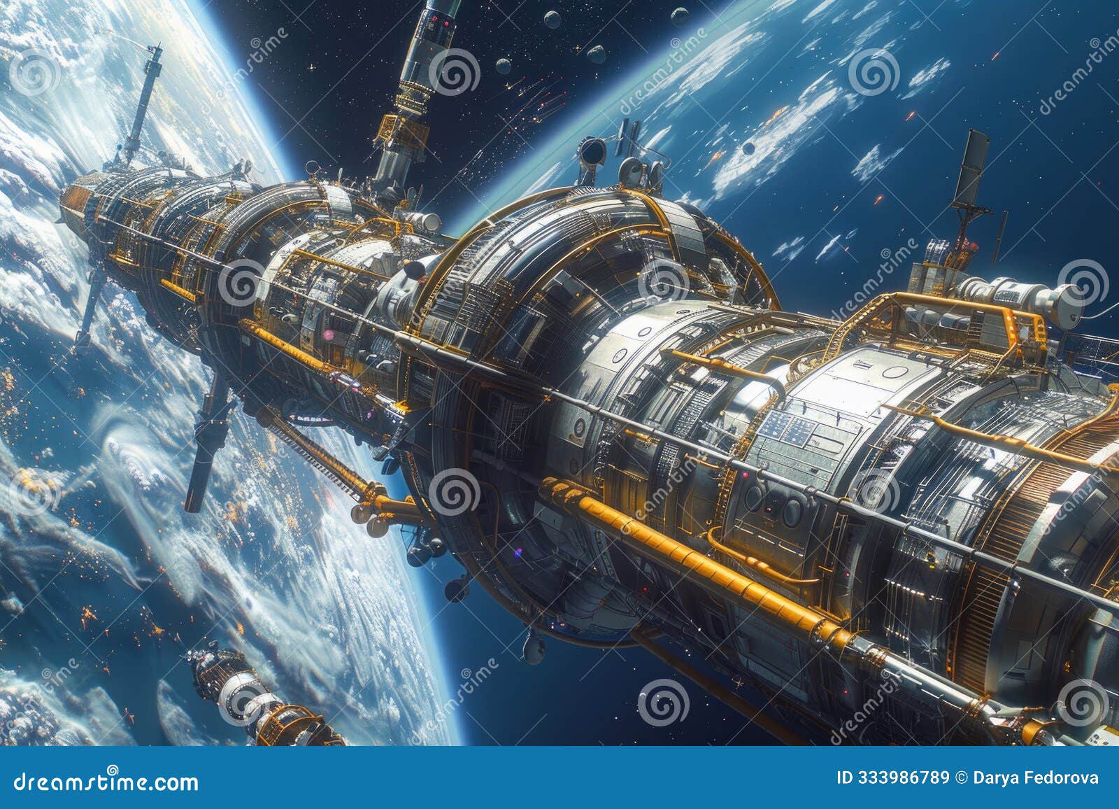 Futuristic Space Station Orbiting Earth with Intricate Structural ...