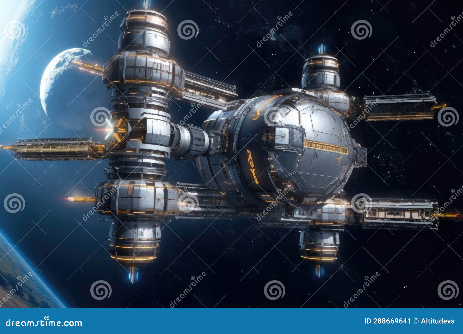 Futuristic Space Station with Rotating Modules for Gravity Stock Image ...