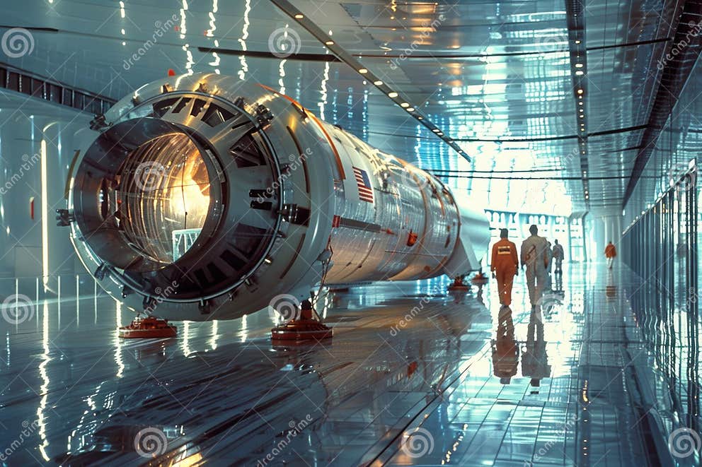 Futuristic Space Station with Scientists Examining High-Tech Rocket ...