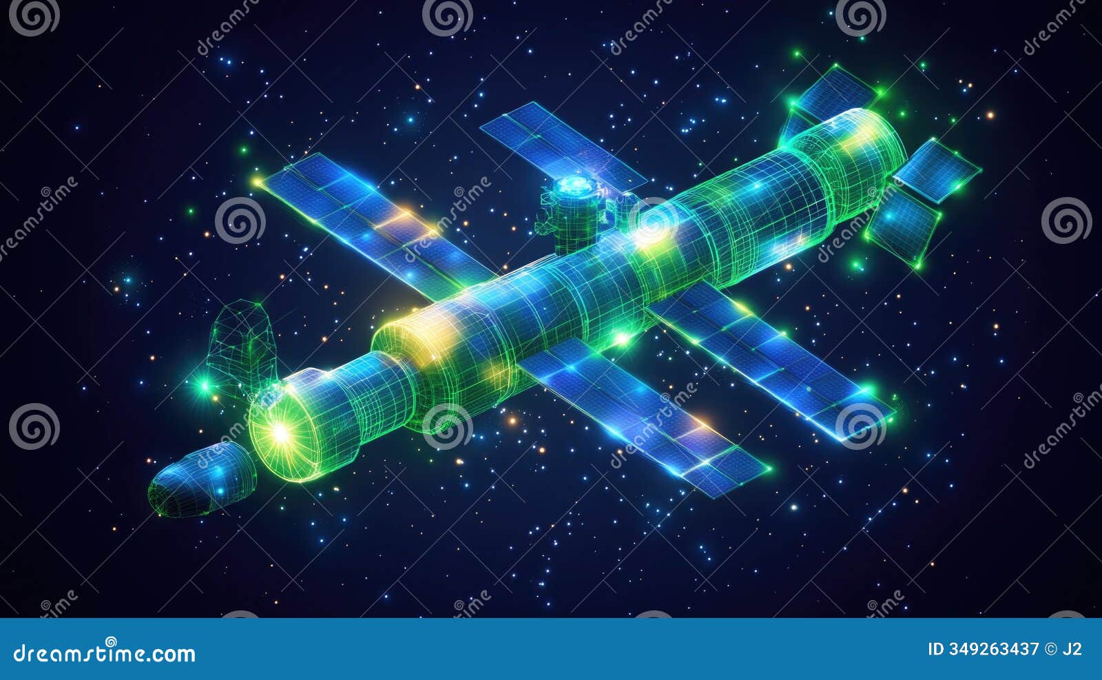 Futuristic Space Station Wireframe Hologram Design Amidst a Starry ...