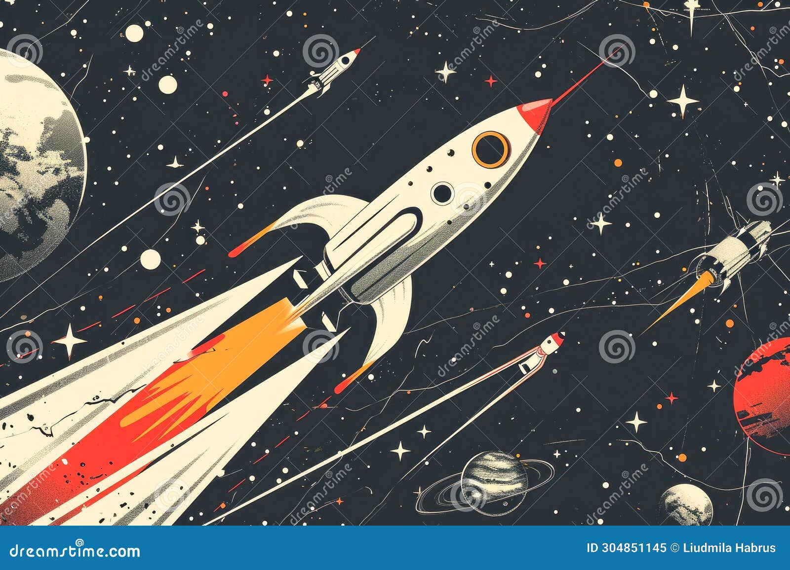 Futuristic and Space-themed Design with Rocket Ships and Planets Stock ...