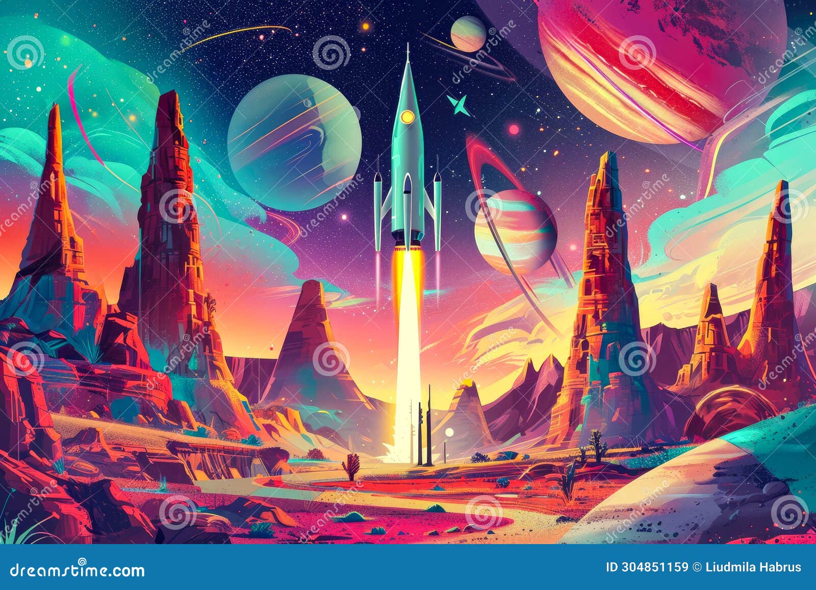A Futuristic and Space-themed Design with Rocket Ships and Planets ...