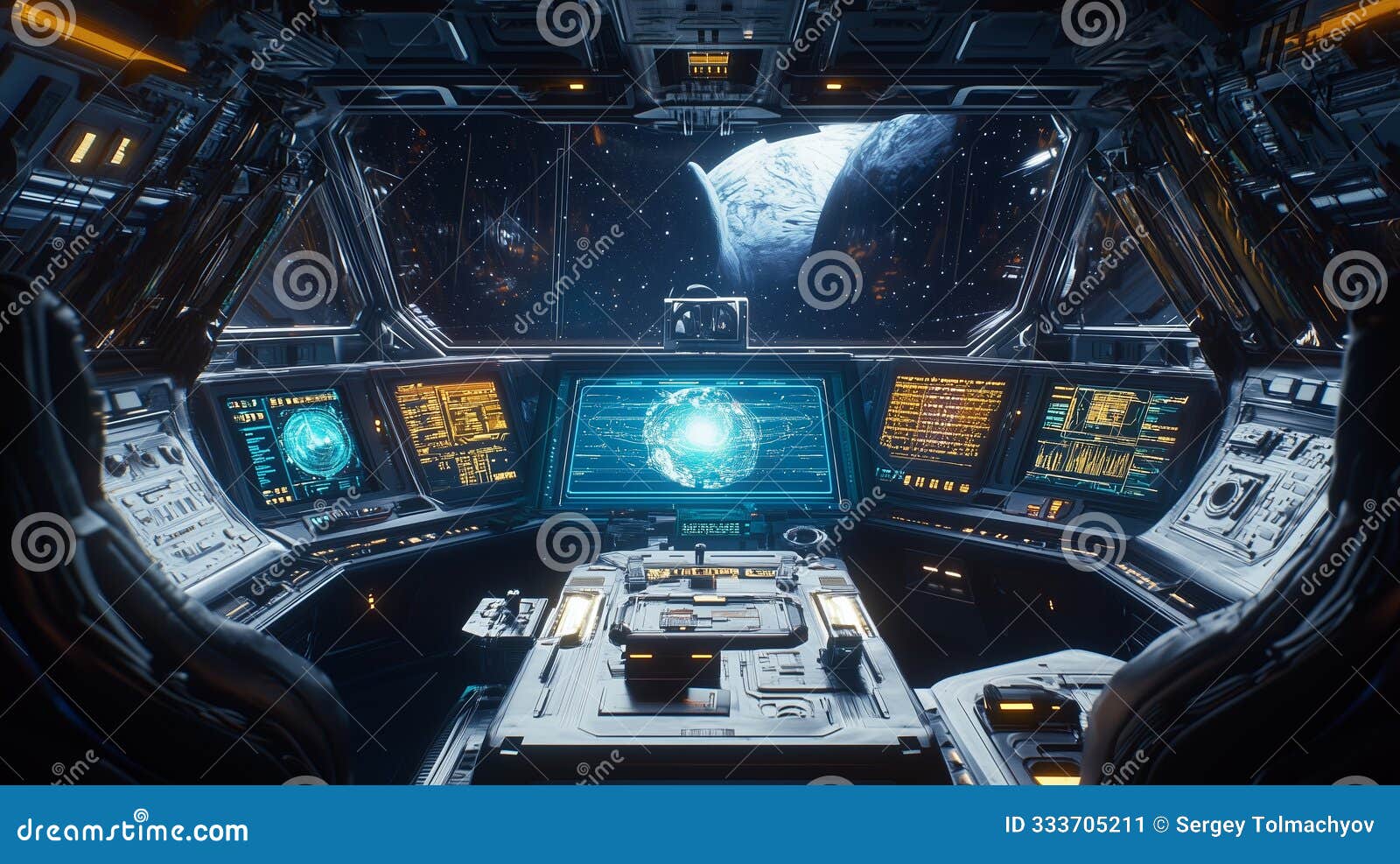 Futuristic Spacecraft Cockpit Featuring Control Panels and Earth ...
