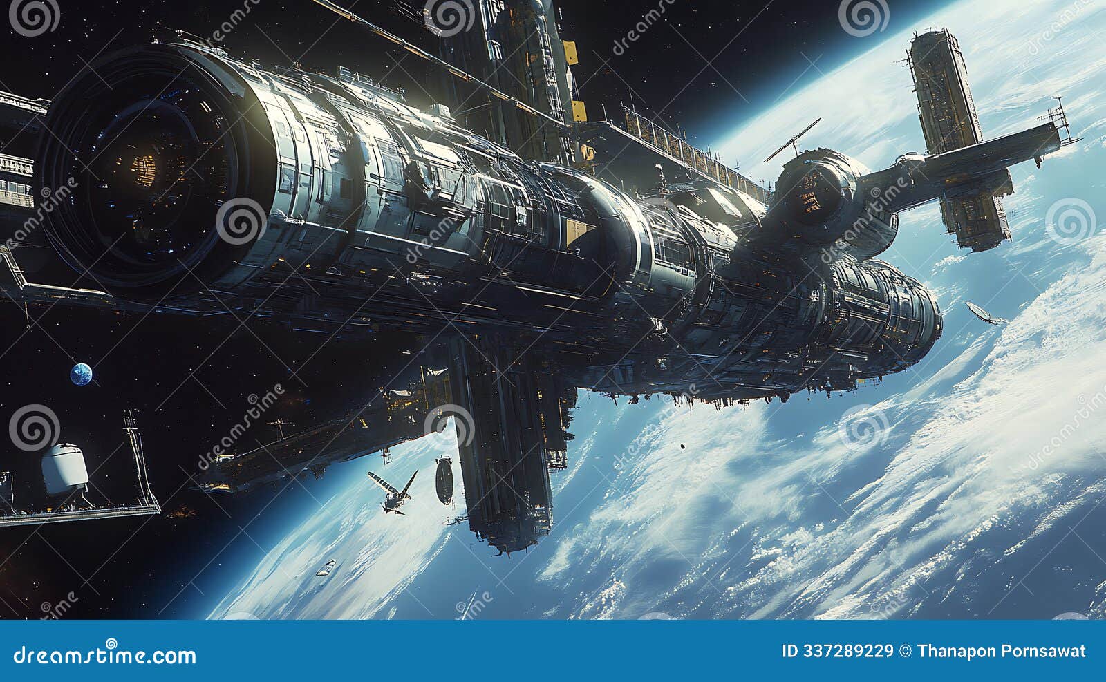 A Futuristic Spacecraft Docking at a Massive Space Station Orbiting ...
