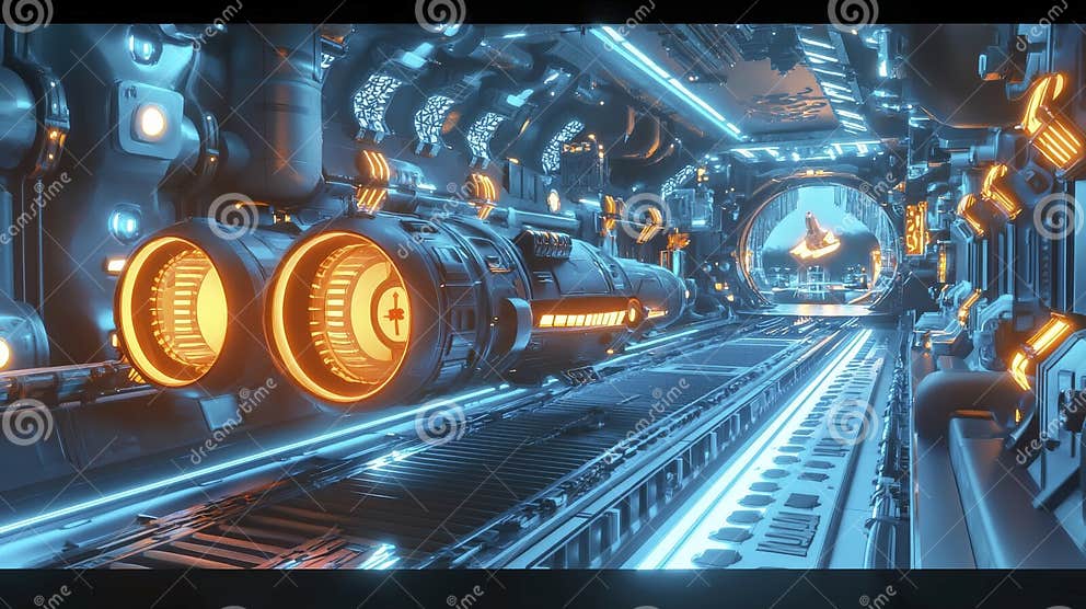 Futuristic Spacecraft Launching from High-tech Launch Bay Sci-fi Environment Dynamic Viewpoint ...