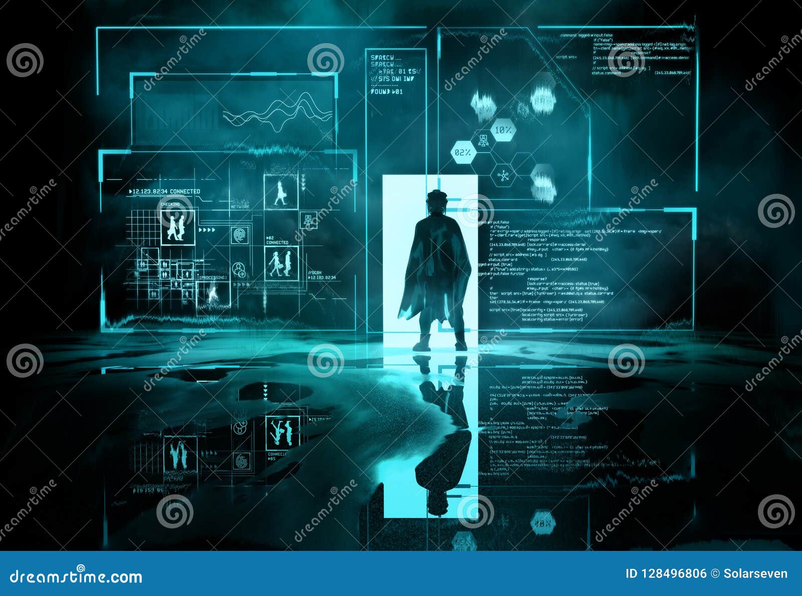 Futuristic Spaceman - Programmer Reading Projected Information Stock ...