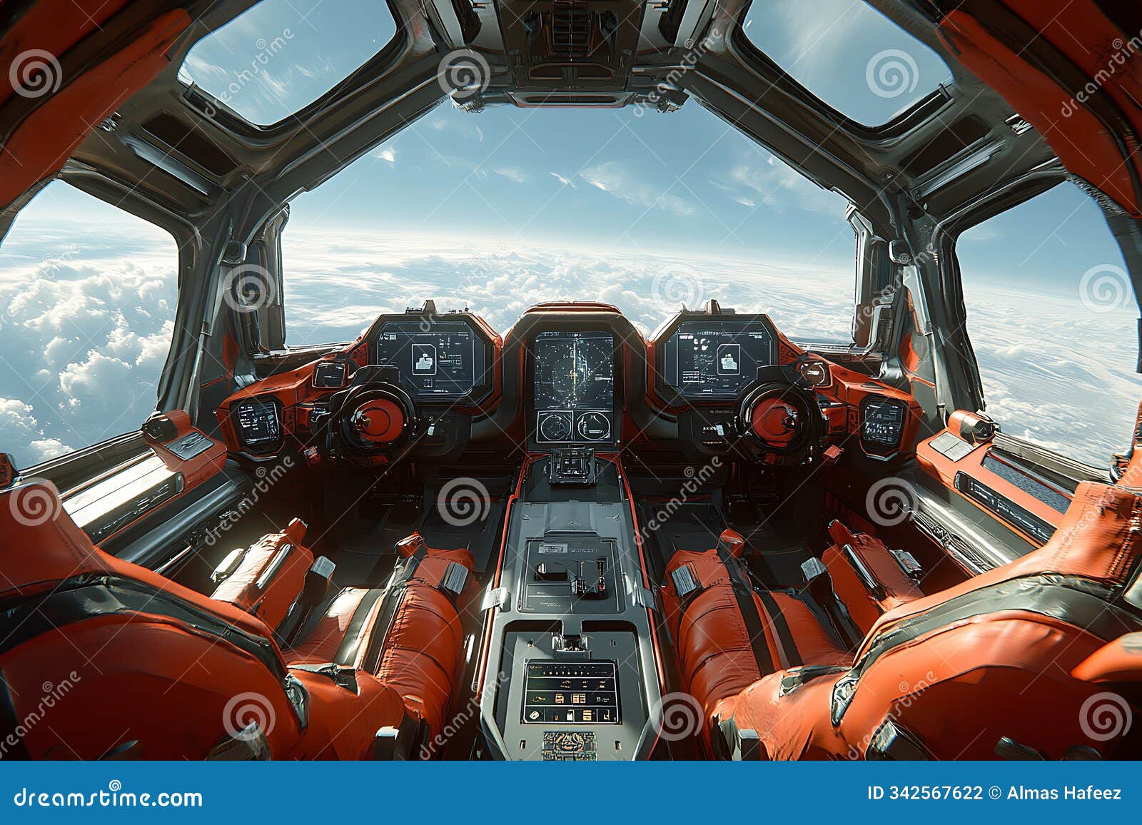 Futuristic Spaceship Cockpit Above Clouds Stock Illustration ...