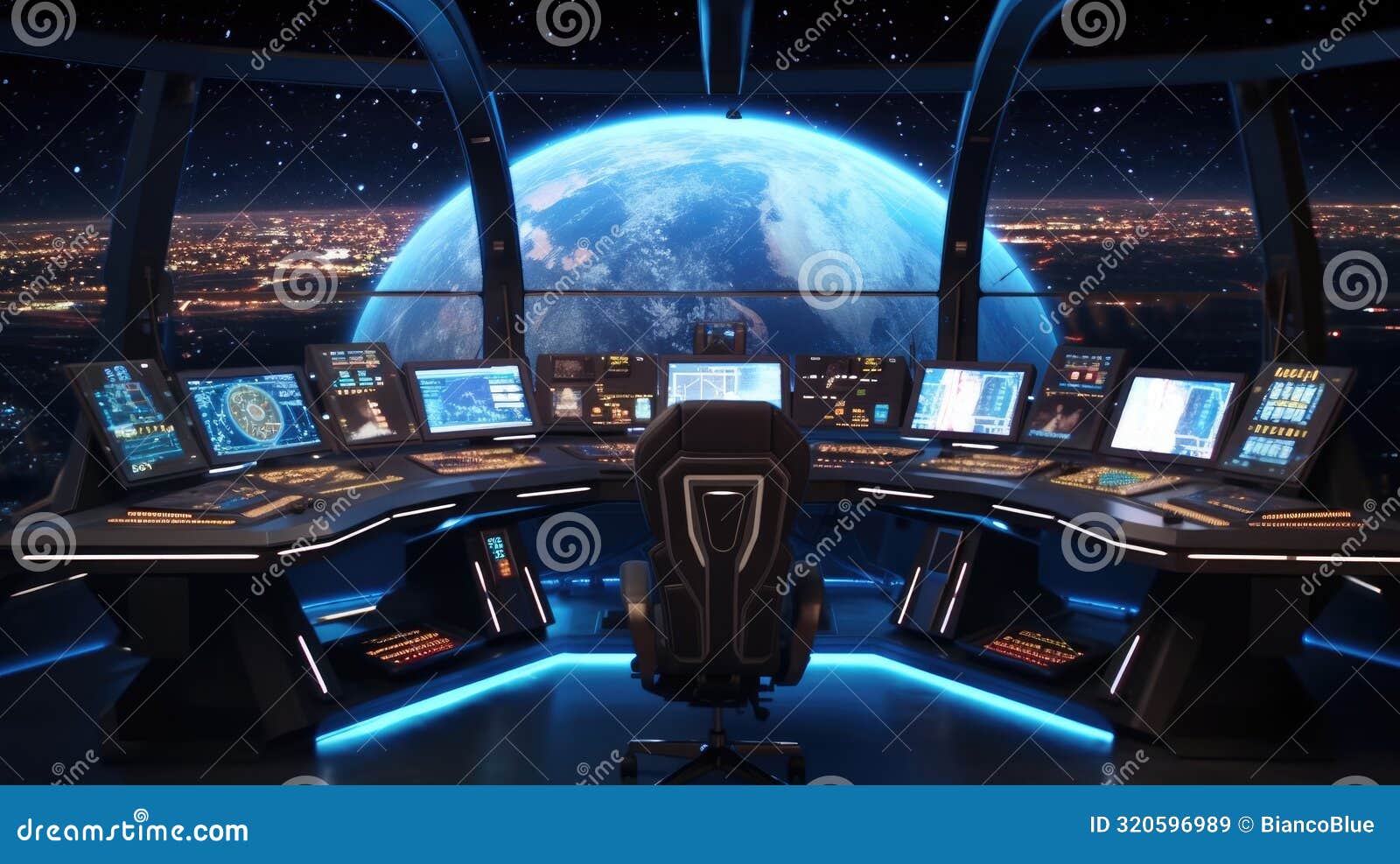 Large Spaceship Cockpit Interior with a View of Space Station and Stars ...
