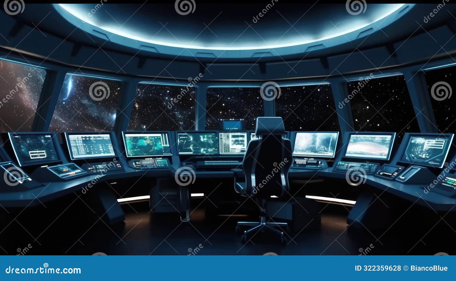 Large Spaceship Cockpit Interior with a View of Space Station and Stars ...