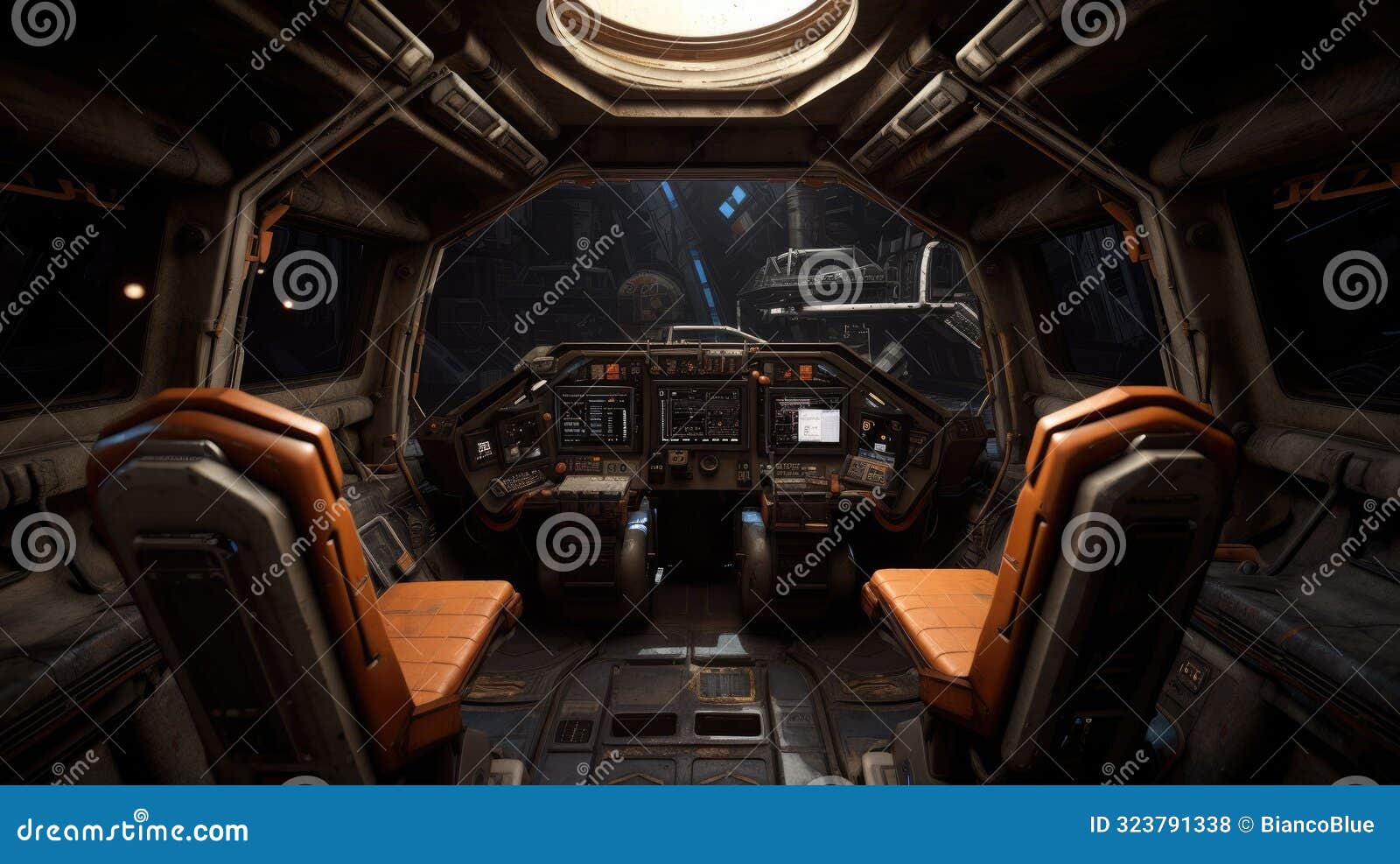 Large Spaceship Cockpit Interior with a View of Space Station and Stars ...