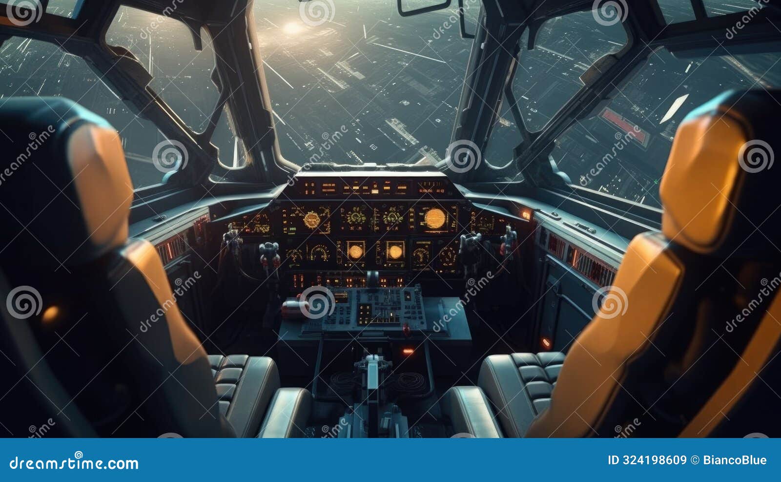 Large Spaceship Cockpit Interior with a View of Space Station and Stars ...