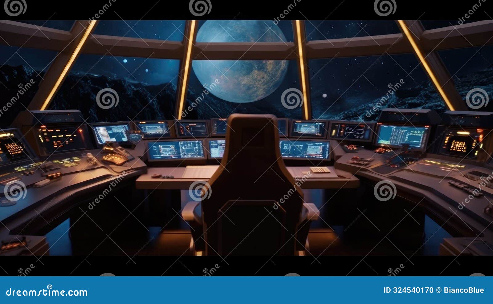 Large Spaceship Cockpit Interior with a View of Space Station and Stars ...