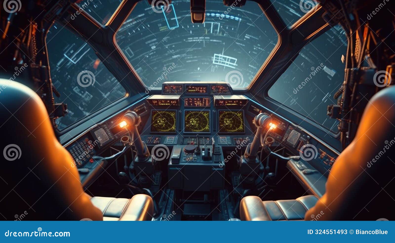 Large Spaceship Cockpit Interior with a View of Space Station and Stars ...
