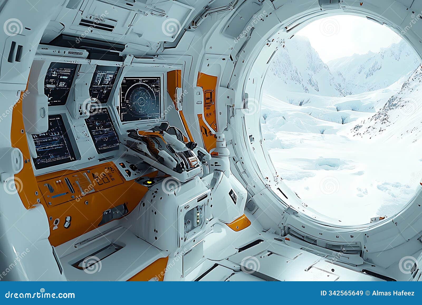 Futuristic Spaceship Cockpit View of Snowy Mountain Range Stock ...