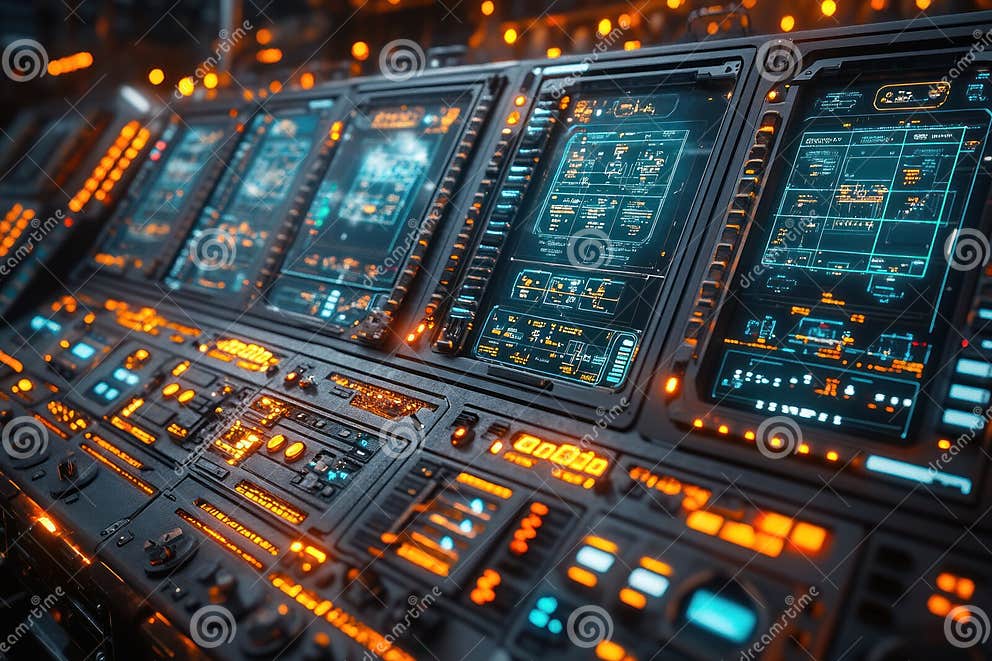 Futuristic Spaceship Control Panel with Glowing Digital Screens and ...