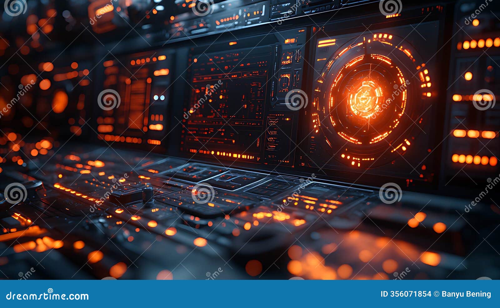 Futuristic Spaceship Control Panel, Glowing Orange, Dark Background ...