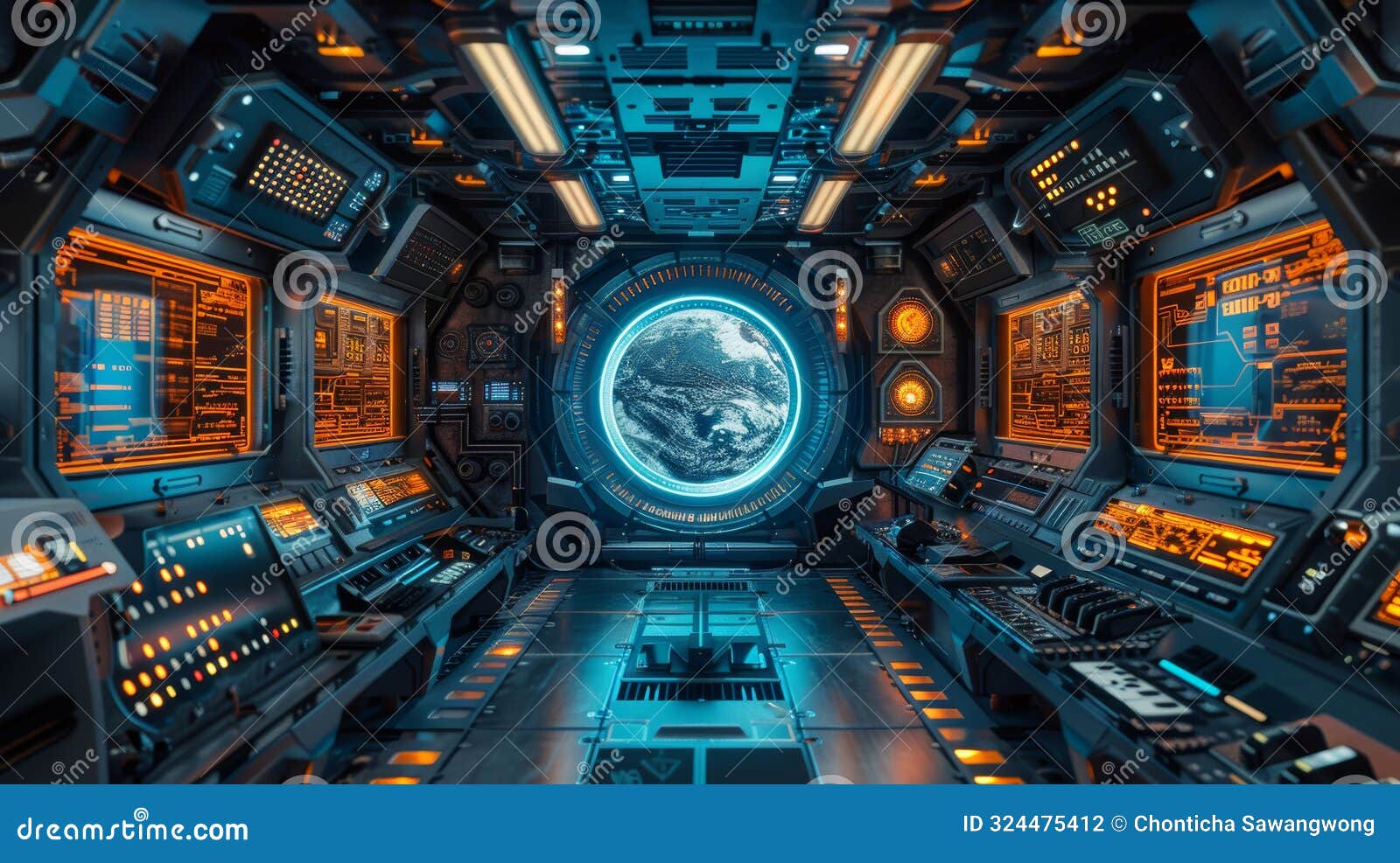 Futuristic Spaceship Control Room with Glowing Screens, Advanced ...