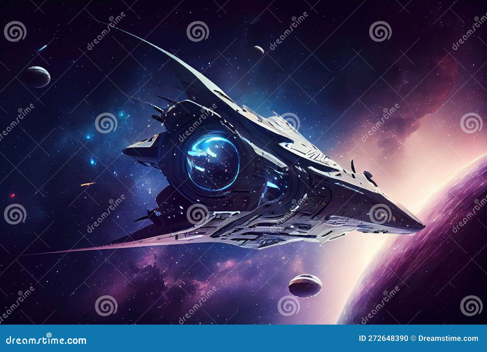 Futuristic Spaceship, Drifting through the Void of Space, with Distant ...