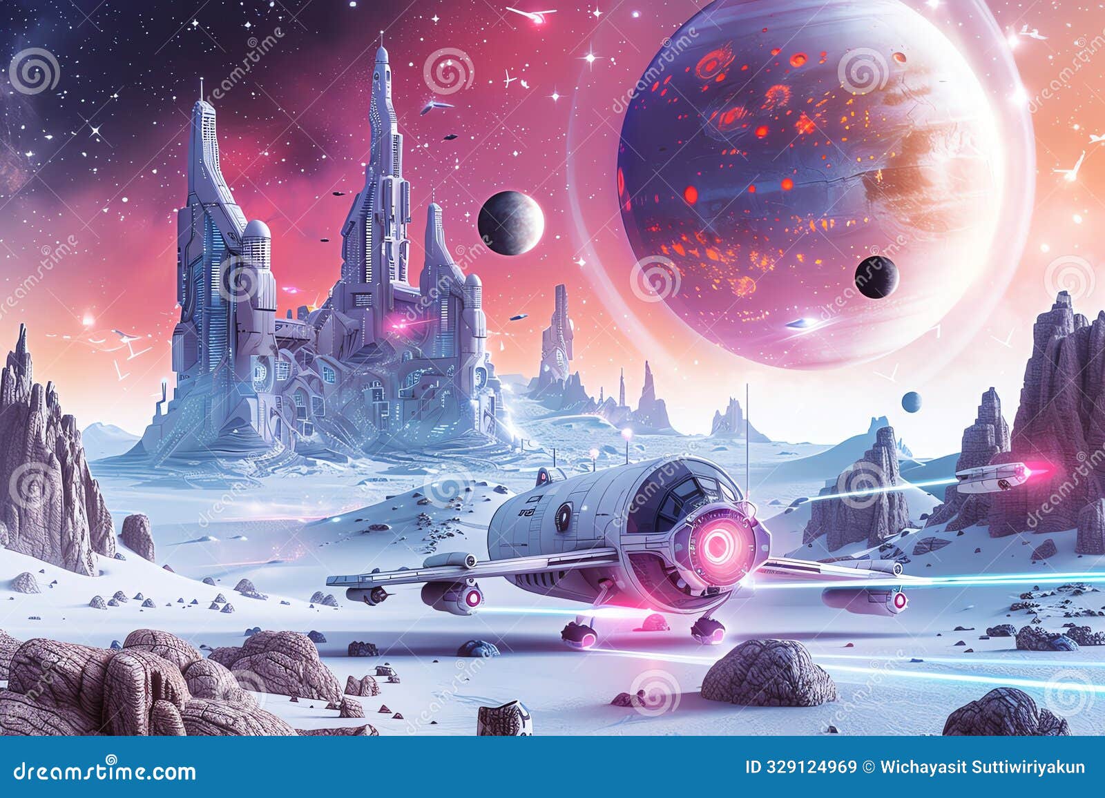 Futuristic Spaceship Exploring an Alien Planet with Multiple Moons ...