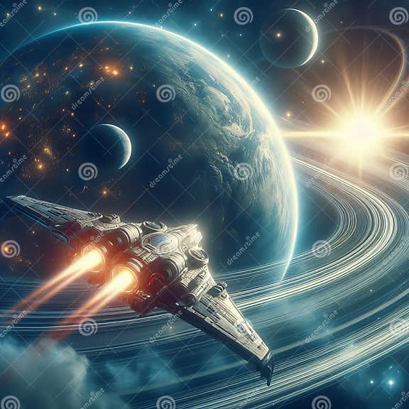 Futuristic Spaceship Exploring Deep Space with Planets in View Stock ...