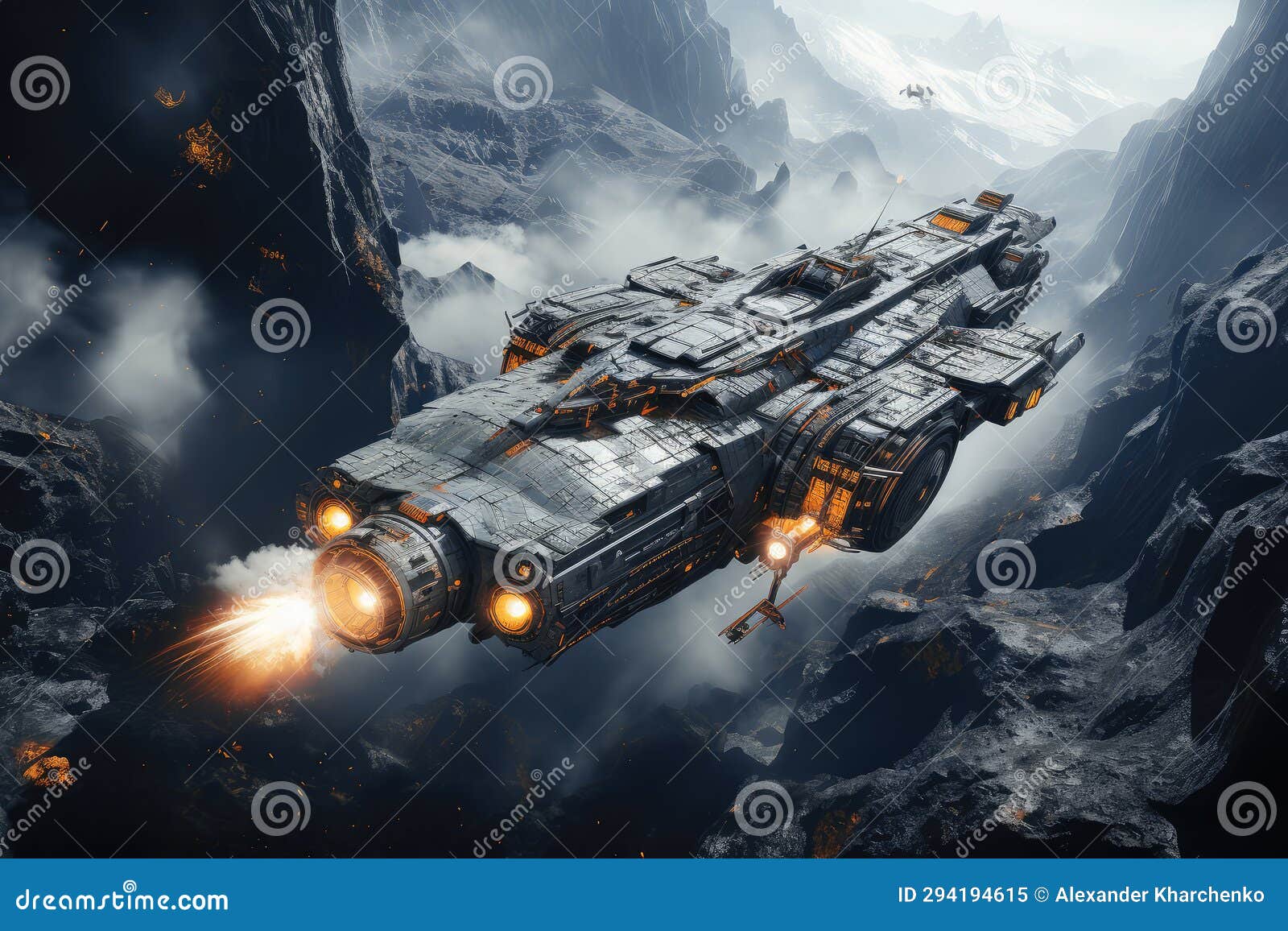 Futuristic Spaceship Exploring a Distant Alien Planet Extreme Closeup ...