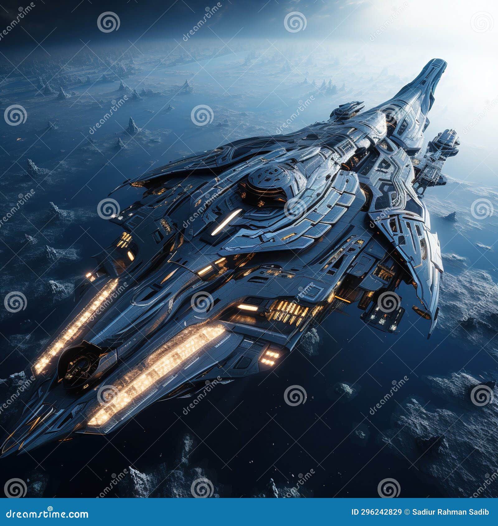 Sci-Fi Battlecruiser In Deep Space, A Space Ship In Front Of A Moon ... Sci-Fi Battlecruiser In Deep Space, A Space Ship In Front Of A Moon ...