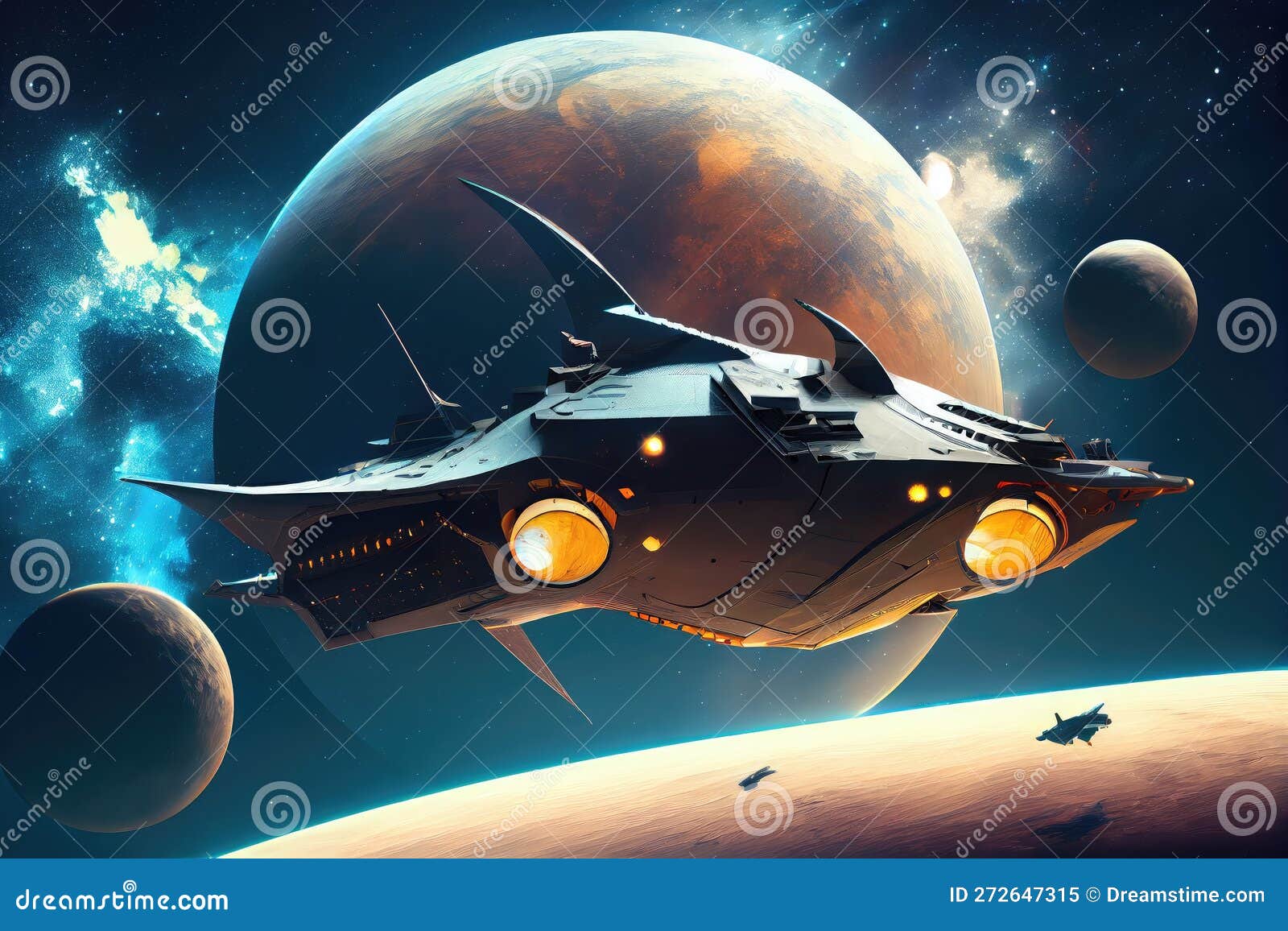 Futuristic Spaceship Flying Past Starry Sky, with Planets and Other ...